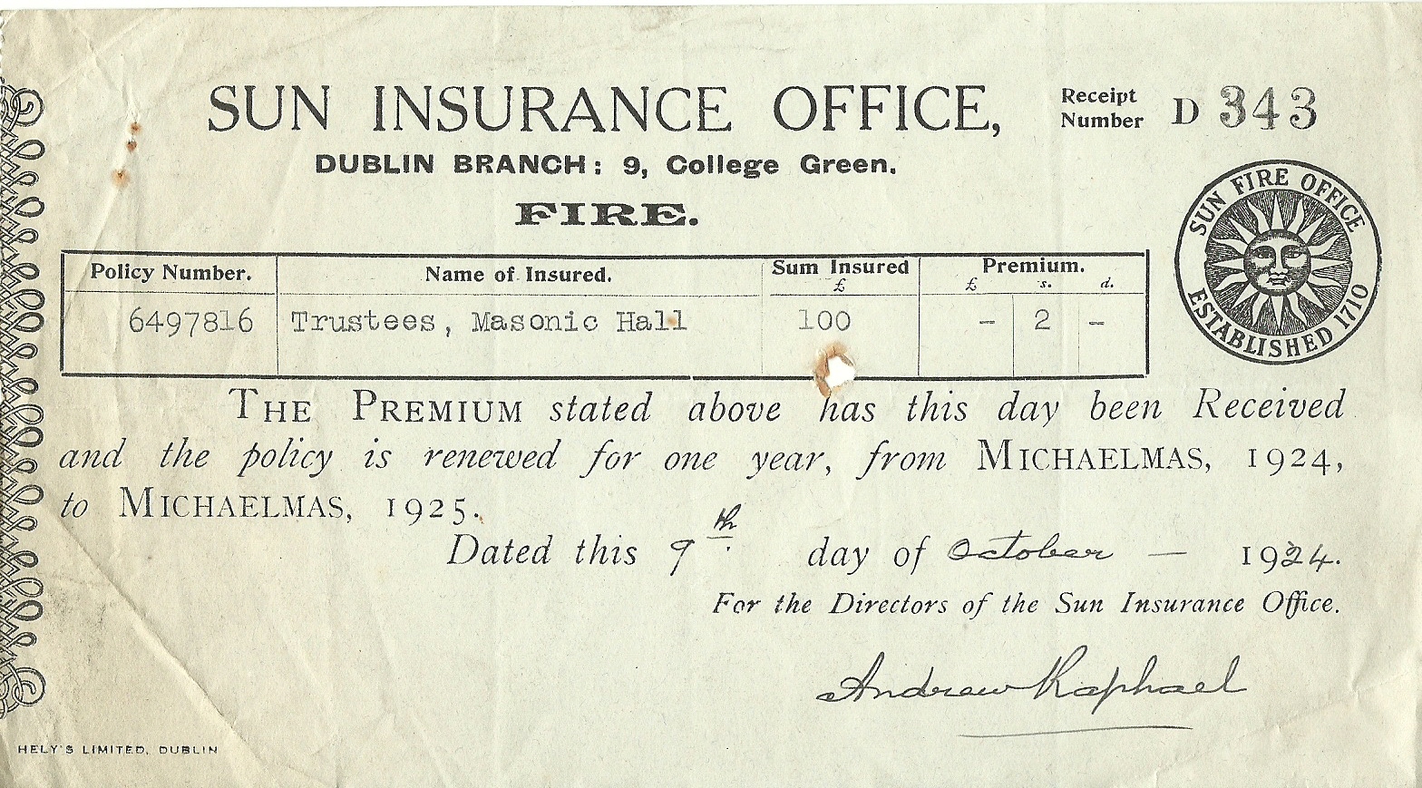Masonic Hall Fire Insurance Policy 1924. | Come Here To Me!